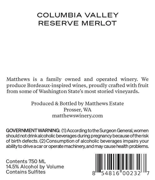 Matthews Reserve Merlot Back Label - Winebow
