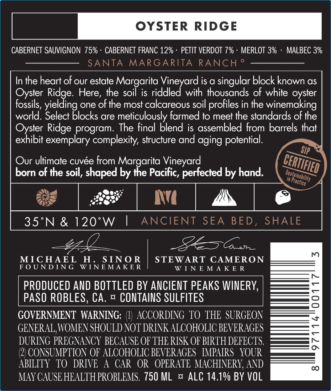 Ancient Peaks Oyster Ridge Back Label - Winebow